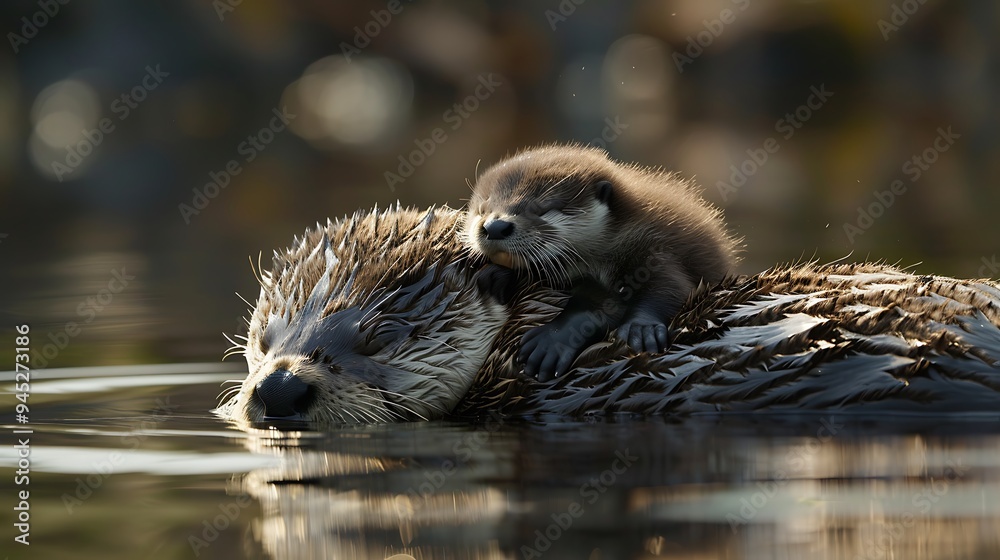 A baby otter sleeps soundly on its mother’s chest as they float ...