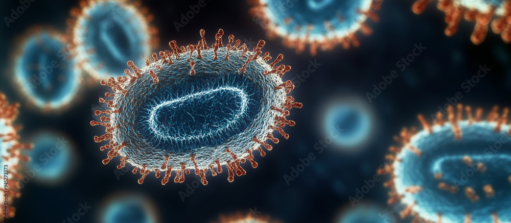 Mpox (monkey pox) virus flow with DNA inside. Close-up view of mpox ...