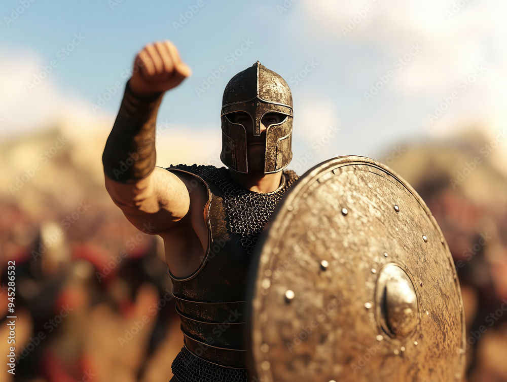 Ancient warrior in full armor holding a shield, leading a charge on the ...