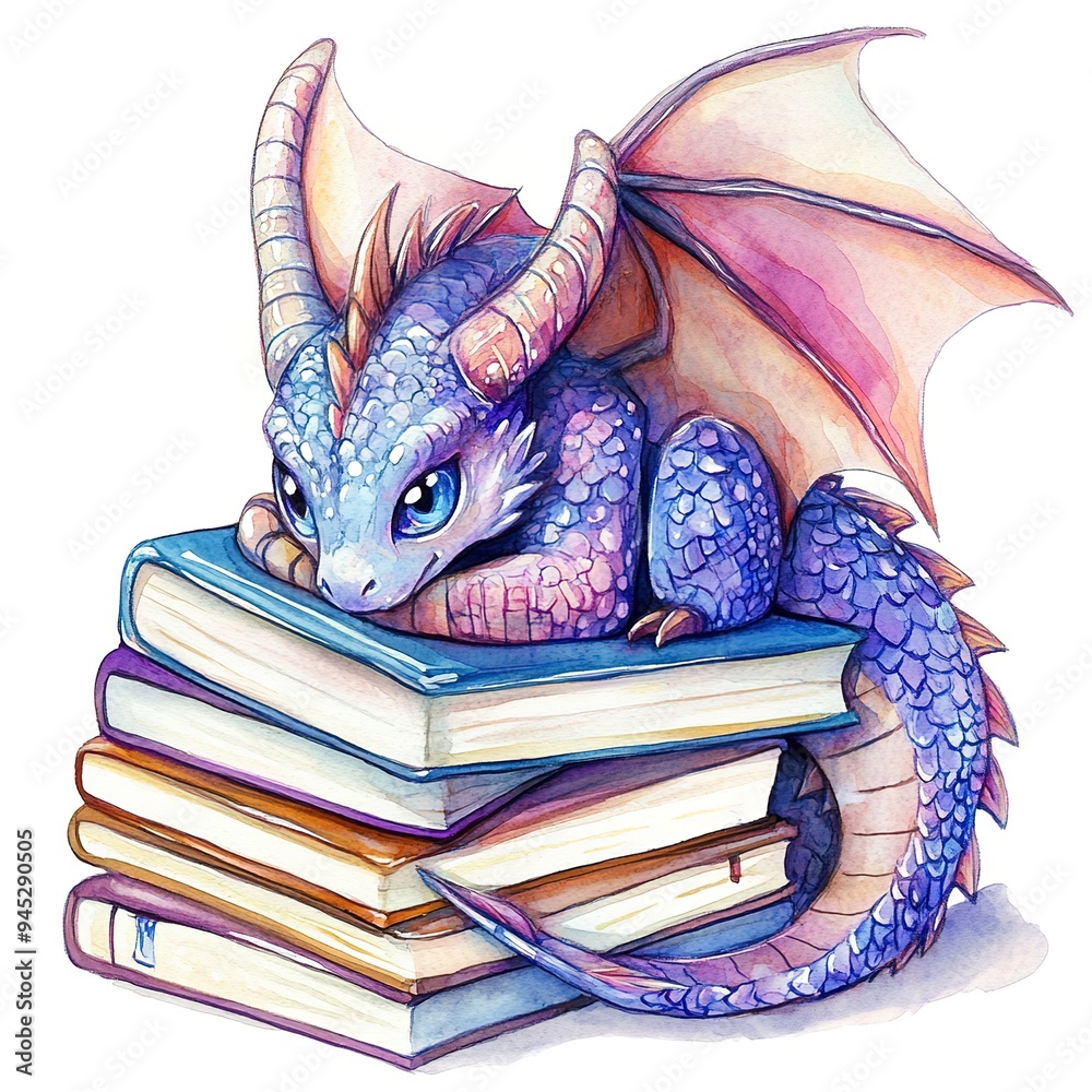 watercolor clipart of a young dragon curled around a pile of books ...