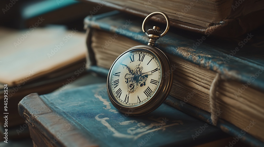 A vintage pocket watch lays on top of a stack of aged books, the watch ...