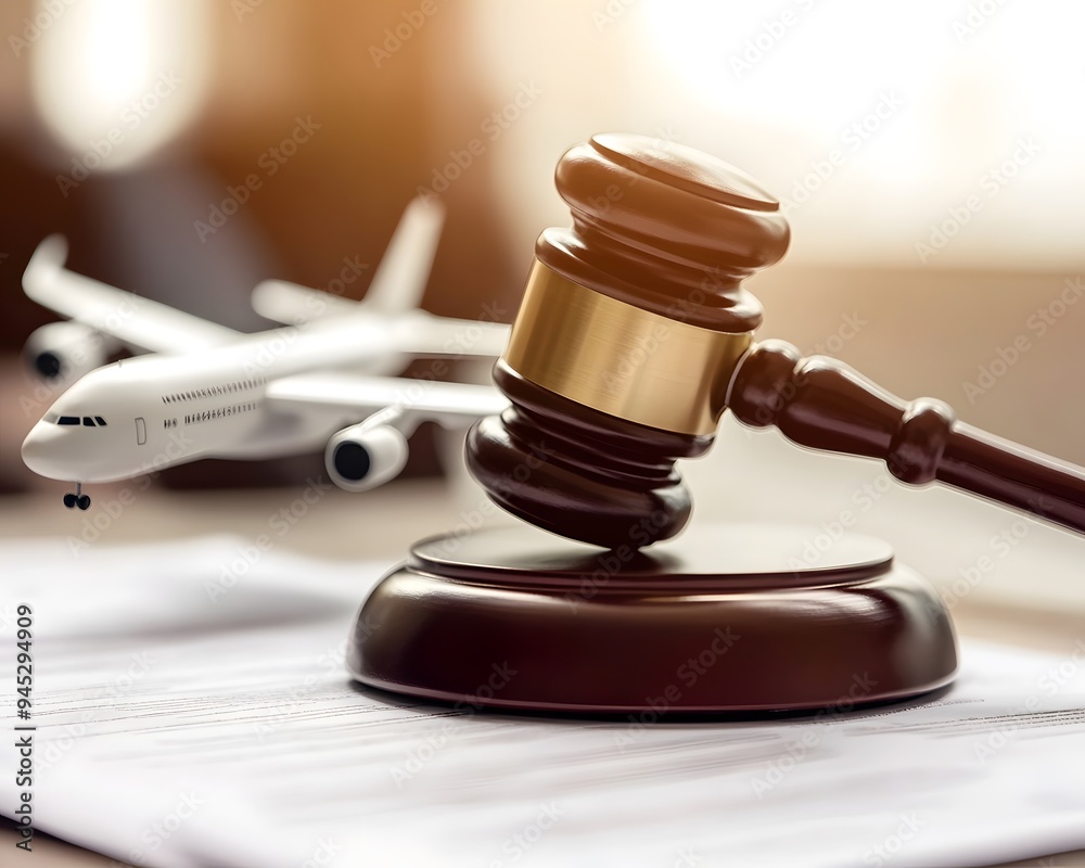 Gavel, airplane model and documents on desk, travel law concept, Air ...