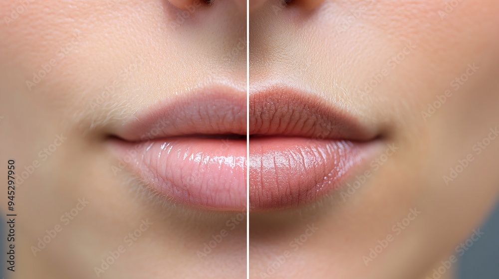 A close-up of a person's lips, divided into before and after images of ...