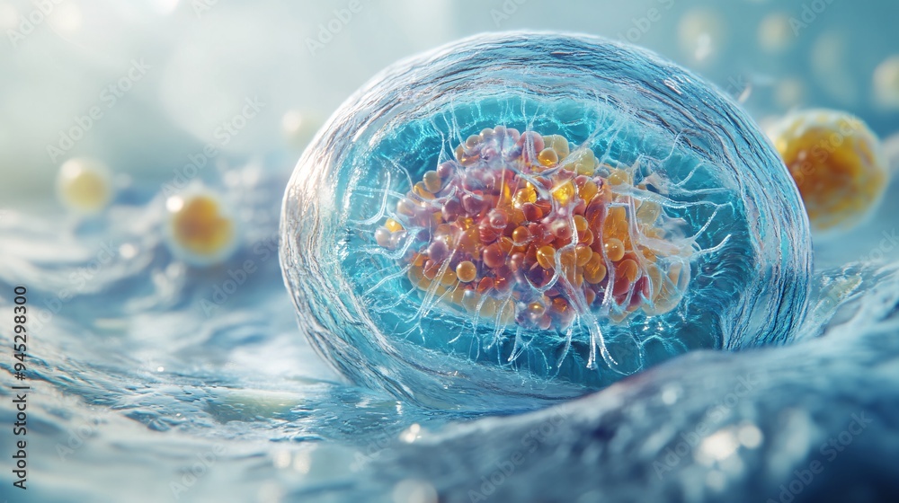 A highly detailed 3D rendering of a single human cell, showing the cell ...