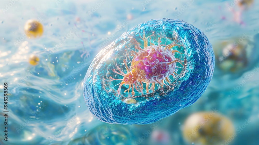 A highly detailed 3D rendering of a single human cell, showing the cell ...