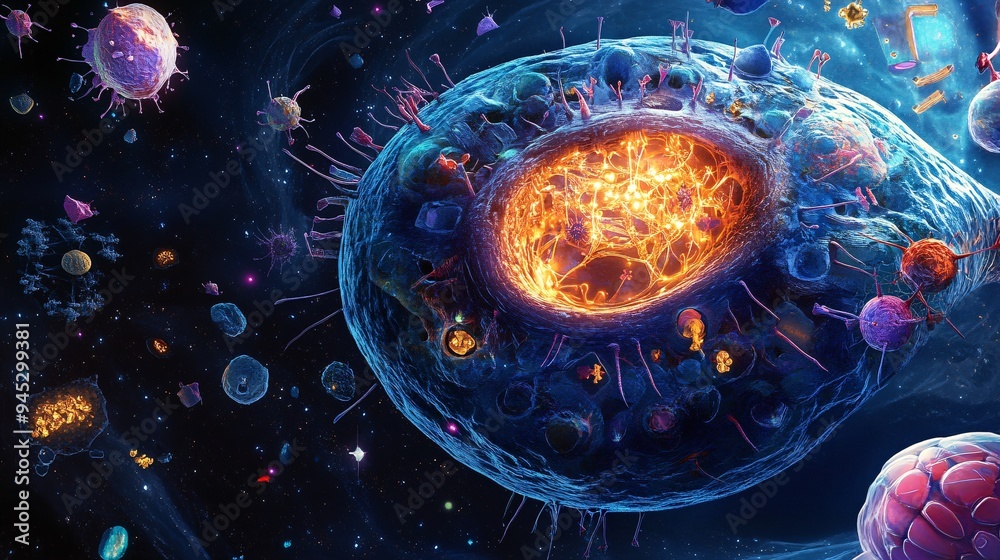 A digital illustration of an animal cell, with a focus on the nucleus ...