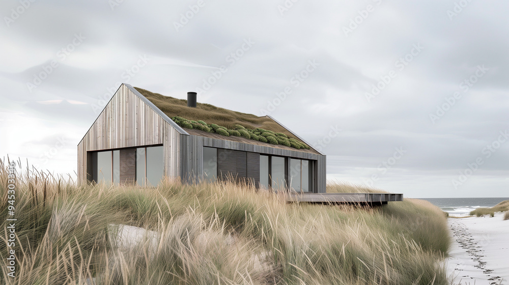 a modern, minimalist beach house surrounded by sand dunes and tall ...