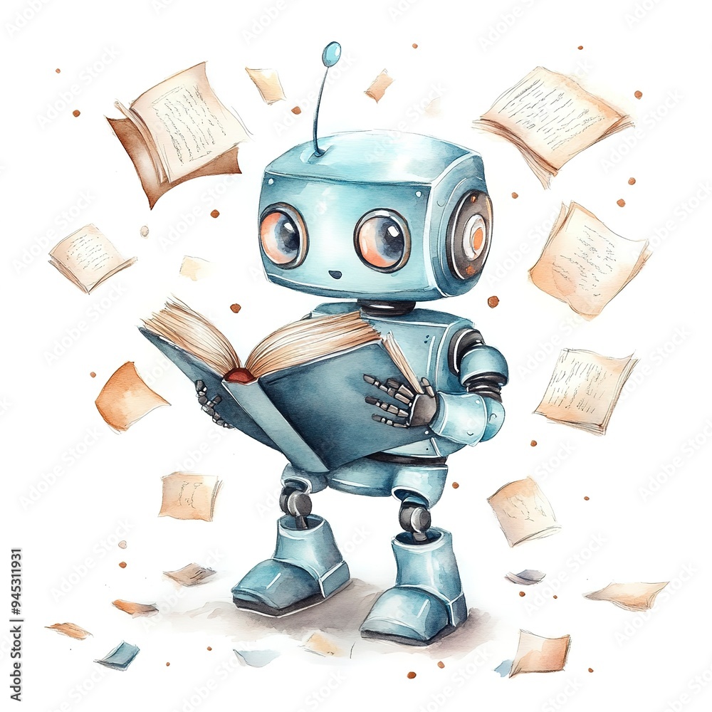 Cute watercolor clipart of a robot reading a book surrounded by ...