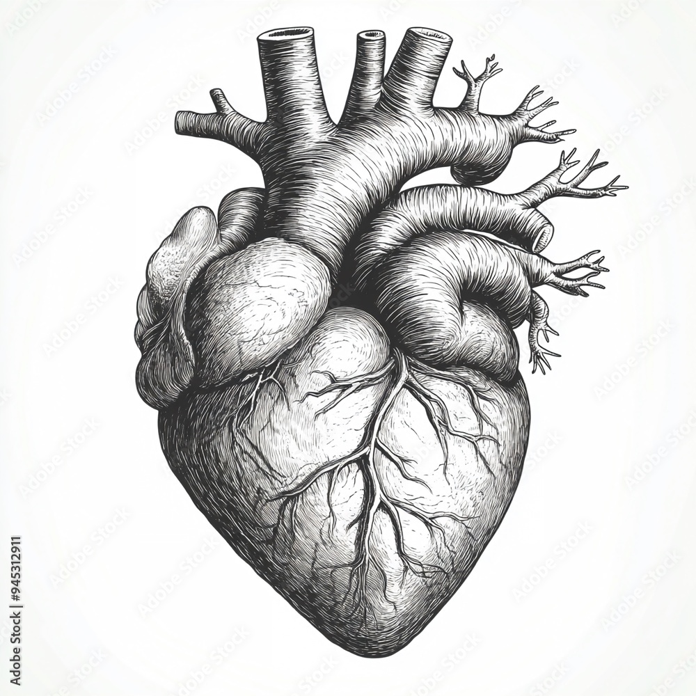 Anatomical Heart Illustration: A detailed pen and ink drawing of the ...