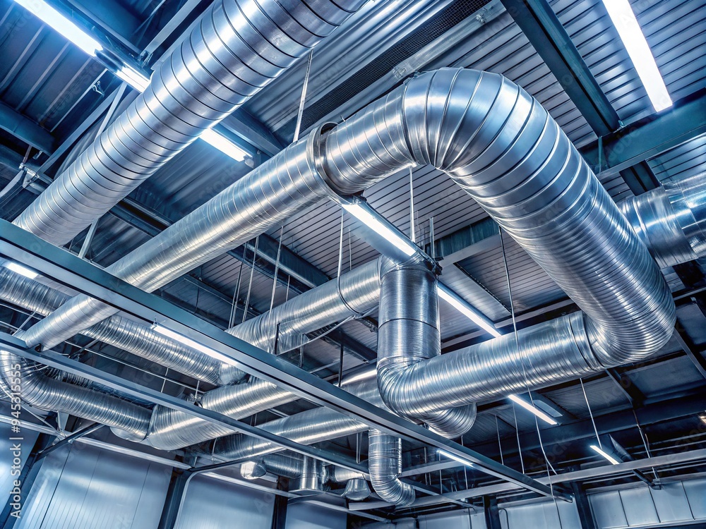 Flex ducting installation in modern HVAC system, silver pipes winding ...