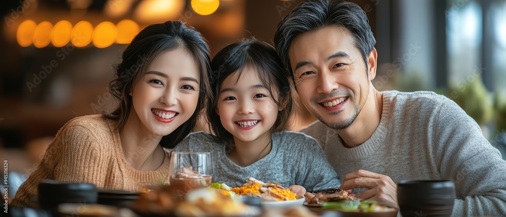Smiling Asian family enjoying a homecooked lunch, posing for a photo ...