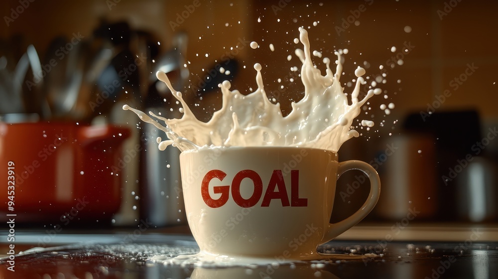 Milk splashes out of a cup labeled "Goal," symbolizing achievement and ...