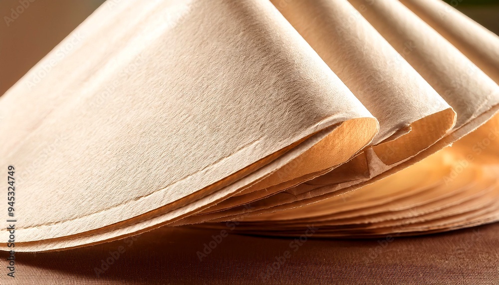 Paper coffee filters with subtle coffee stains, cream and brown tones ...