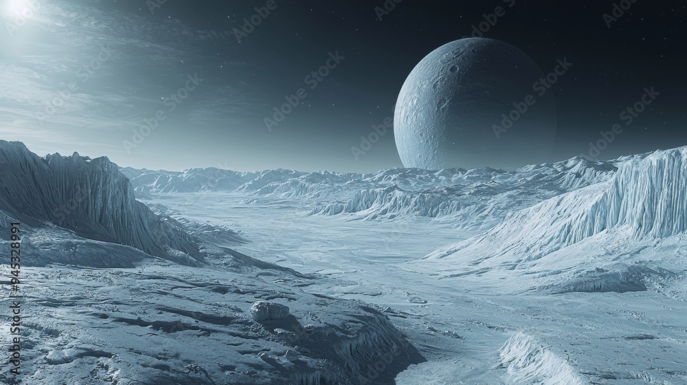 Frozen Planet : Detailed view of an icy planet covered in thick layers ...