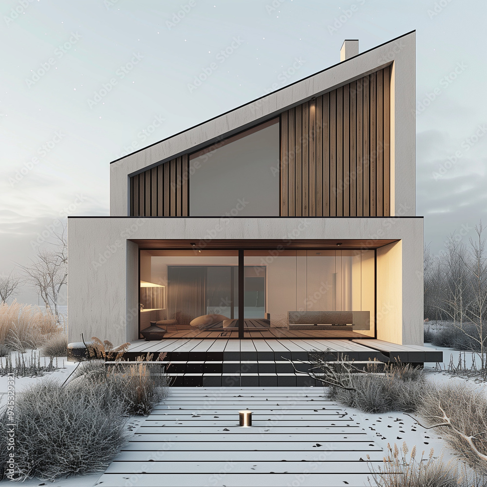 a modern, minimalist beach house surrounded by sand dunes and tall ...