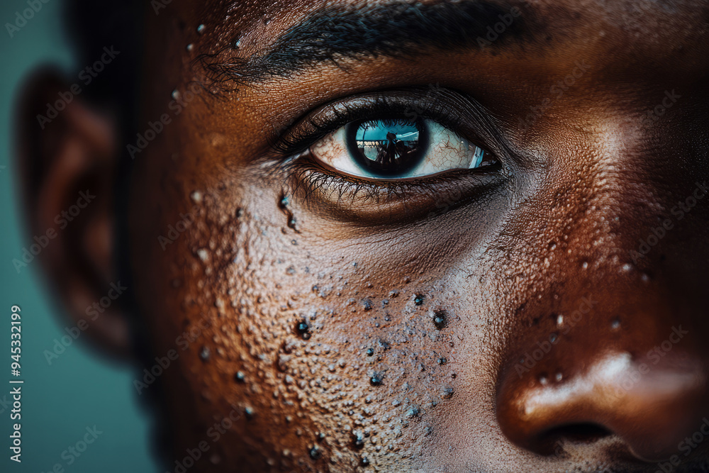 Black man with monkeypox virus symptoms. Close up face of infected man ...