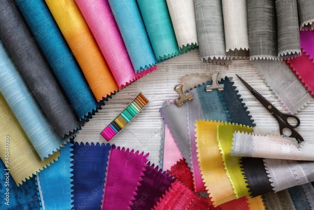 Fabric swatches and tailoring tools on the table of a textile shop ...