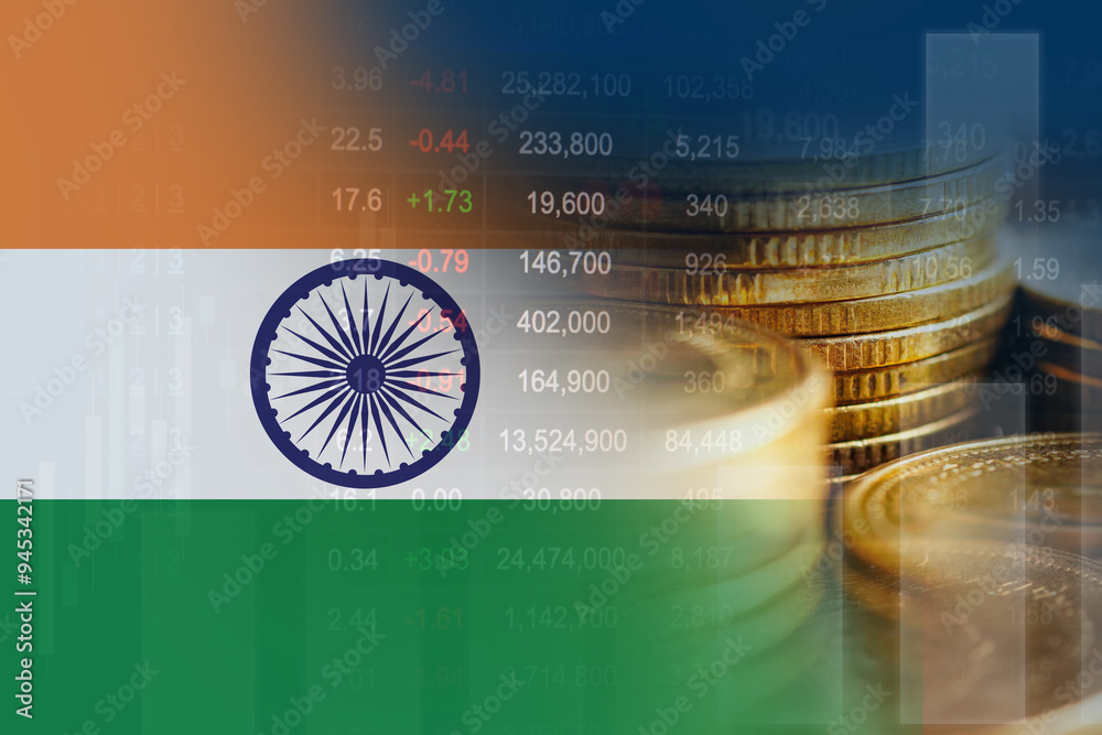 India flag with stock market finance, economy trend graph digital ...