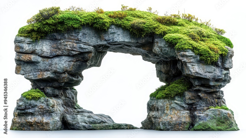 ancient stone arch with moss isolated on white natural rock formation ...