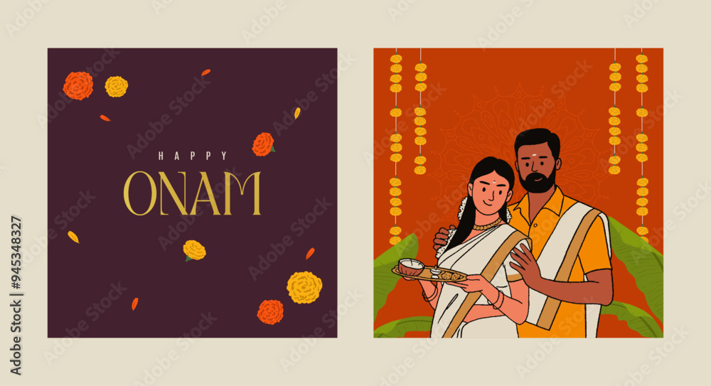 Onam festival celebrating south Indian family with festive background ...