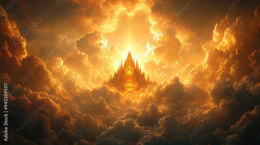 A serene depiction of God golden throne amidst the clouds, with beams ...