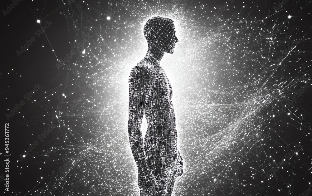 Black and white image of a human surrounded by a gridpattern ...