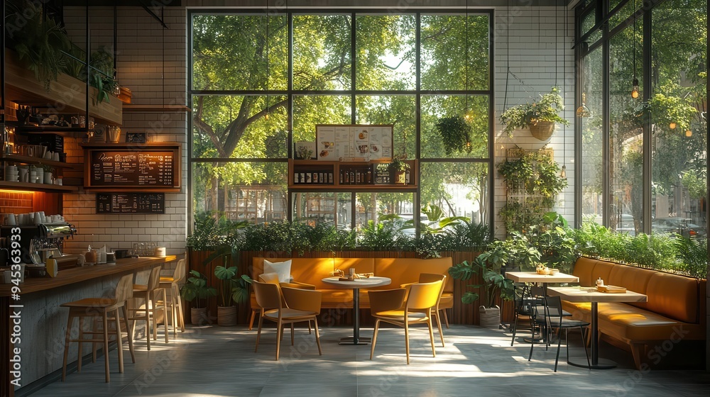 chic and modern cafe interior with sleek furniture hanging plants and ...