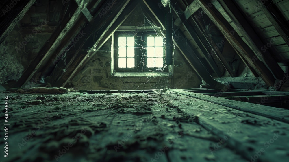 Dusty and abandoned attic with spider webs and dim lighting, creating ...