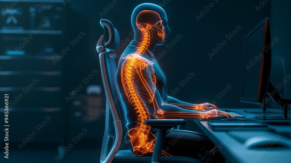 An anatomical visualization of a human skeleton working at a computer. Stock Illustration ...