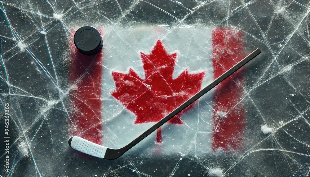 Canadian flag in ice texture with puck and stick, Canadian flag under ...