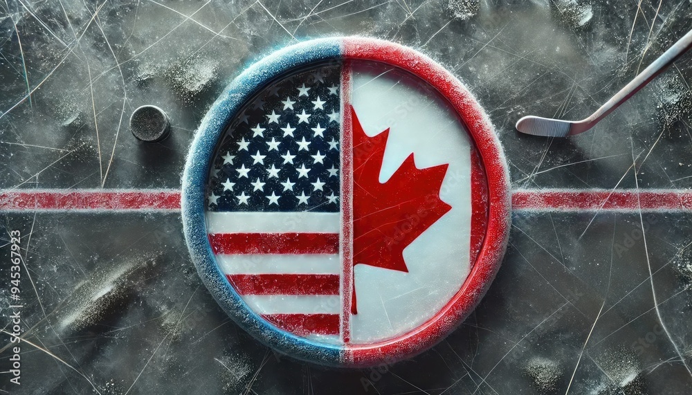 Canada and USA flags in a circle, ice texture, Hockey Rivalry Between ...