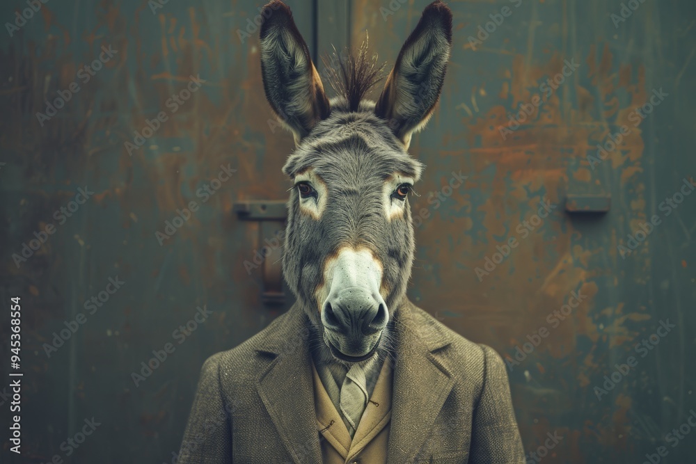 Surreal portrait of a donkey-headed man dressed in a suit, blending the ...