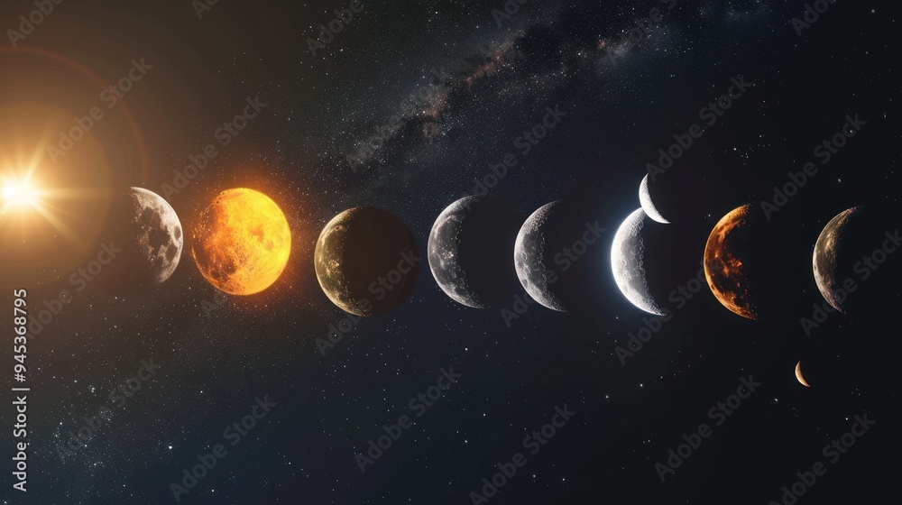 Phases of the Moon, Sun, and Stars in the Night Sky. Stock Illustration ...