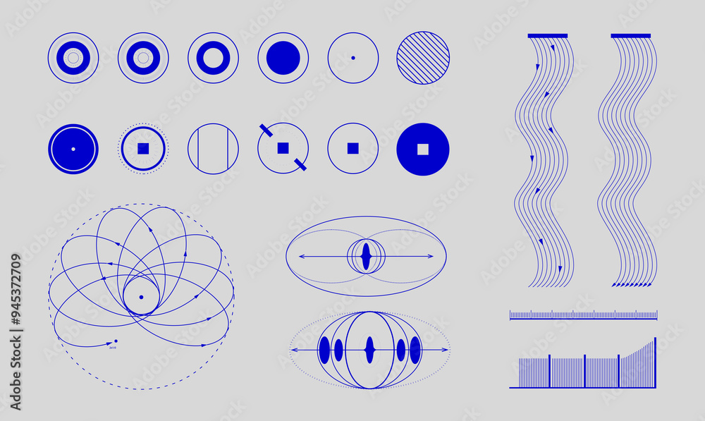 Geometric shapes, including circles, squares, lines and curves ...