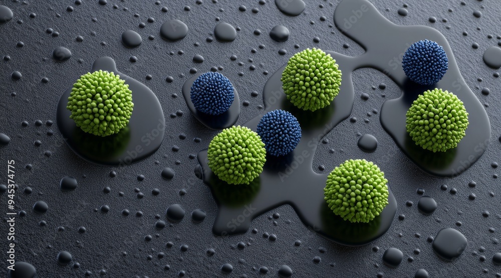 This colorized electron microscope image shows some green and blue ...