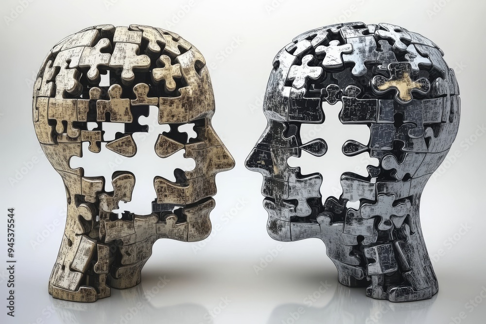 Two silhouetted heads with puzzle pieces missing from their faces ...