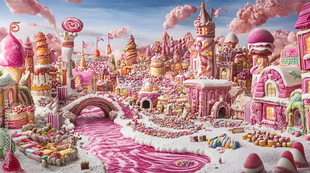 A whimsical scene where a city is made entirely of candy featuring ...
