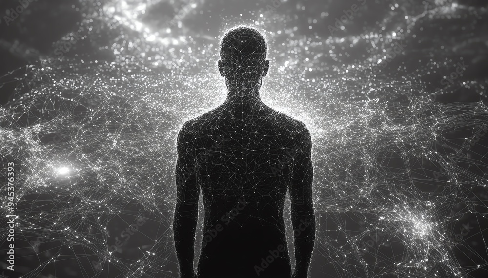 Detailed black and white visualization of a human within a gridpattern ...