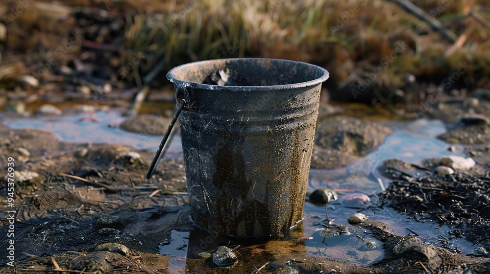 Rusty Bucket in a Puddle of Pollution - A Symbol of Environmental ...