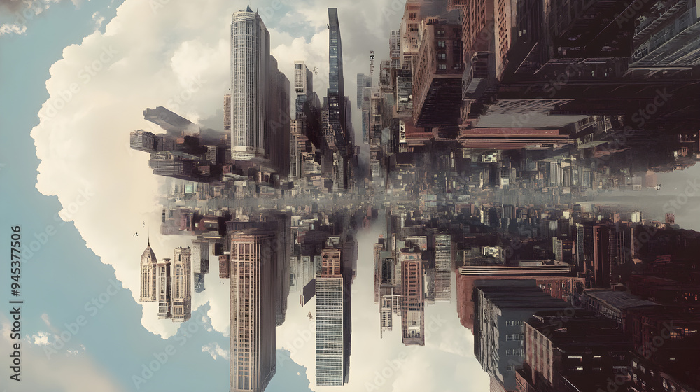 Surreal cityscape features floating buildings amid clouds, creating a ...