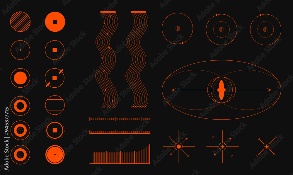 Orange scientific diagrams on black background, atomic structures ...