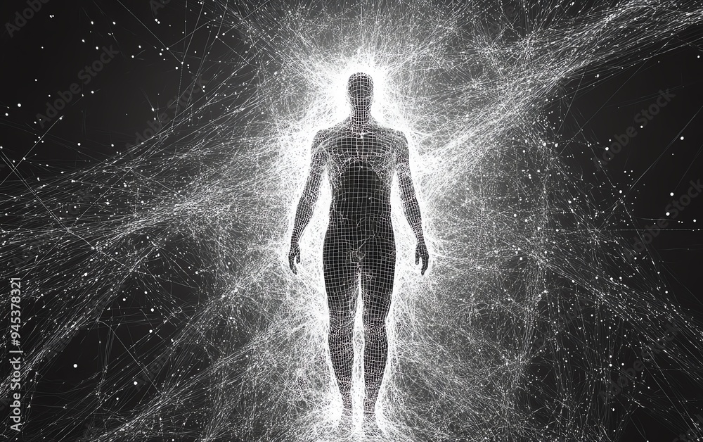 Detailed black and white image of a human surrounded by an intricate ...