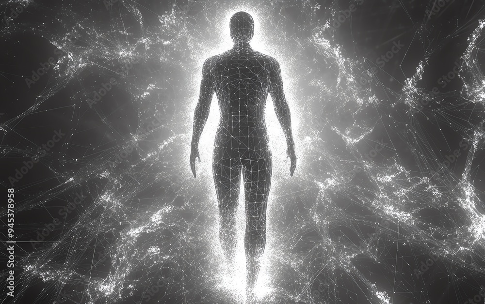 Detailed black and white image of a human surrounded by an intricate ...