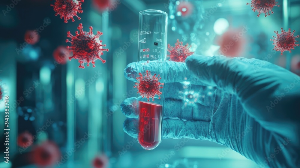 Lab Technician Holding Test Tube with Blood Cells for Virus Research in ...
