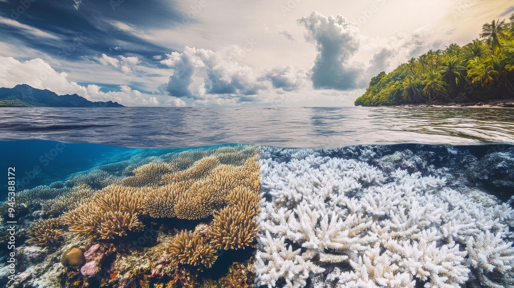 A comparison of a lush, healthy coral reef next to a bleached and dying ...