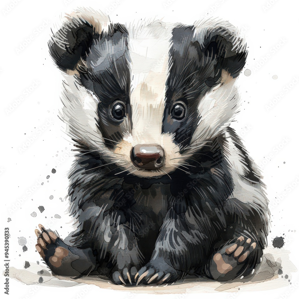 A charming watercolor illustration of a baby badger sitting on a white ...