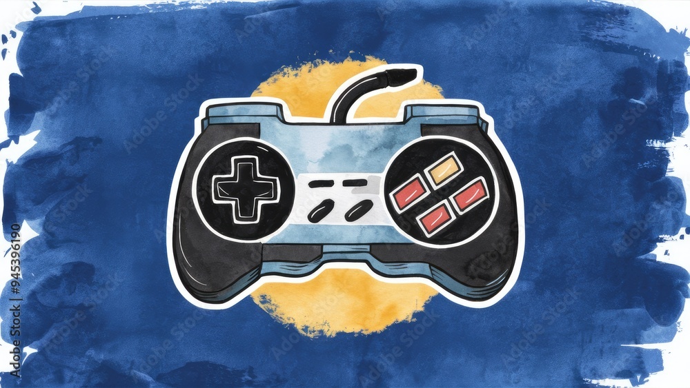 Retro gaming controller with black joystick and buttons, hand-drawn ...