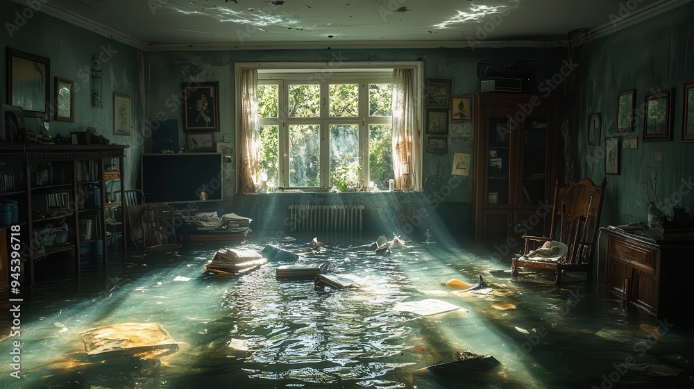 dramatic scene of a flooded home interior personal belongings float in ...