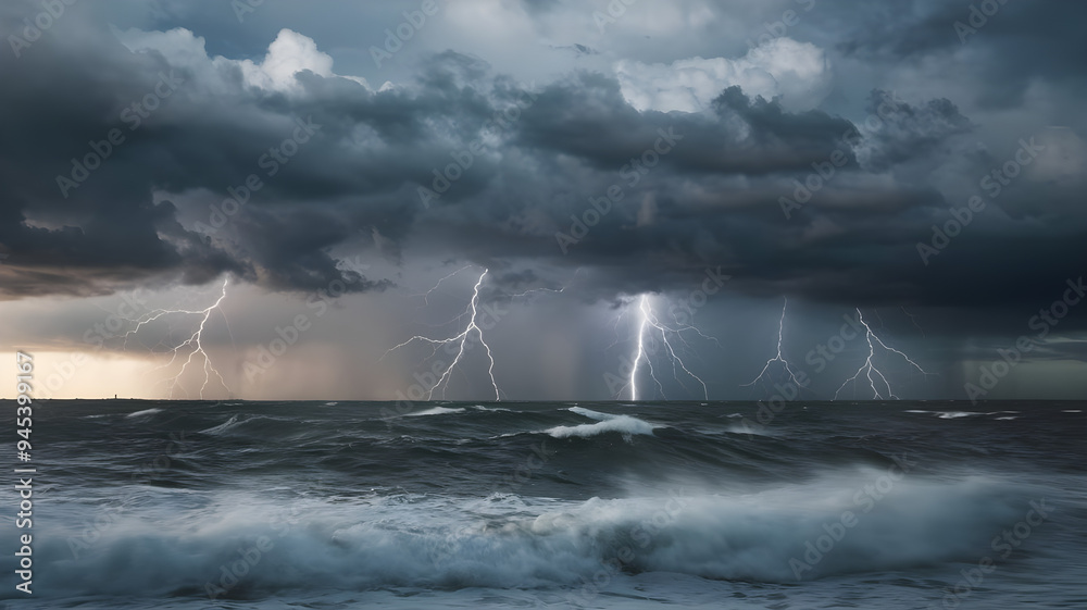 Dramatic storm clouds gather over the ocean, casting long shadows on ...