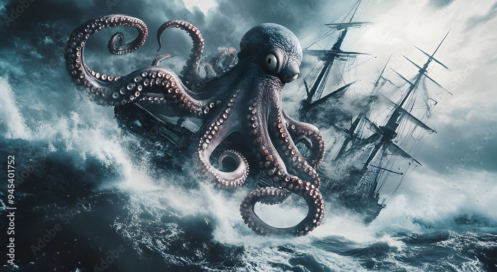 Cinematic Photograph of an Octopus Attacking and Destructively Wrapping ...